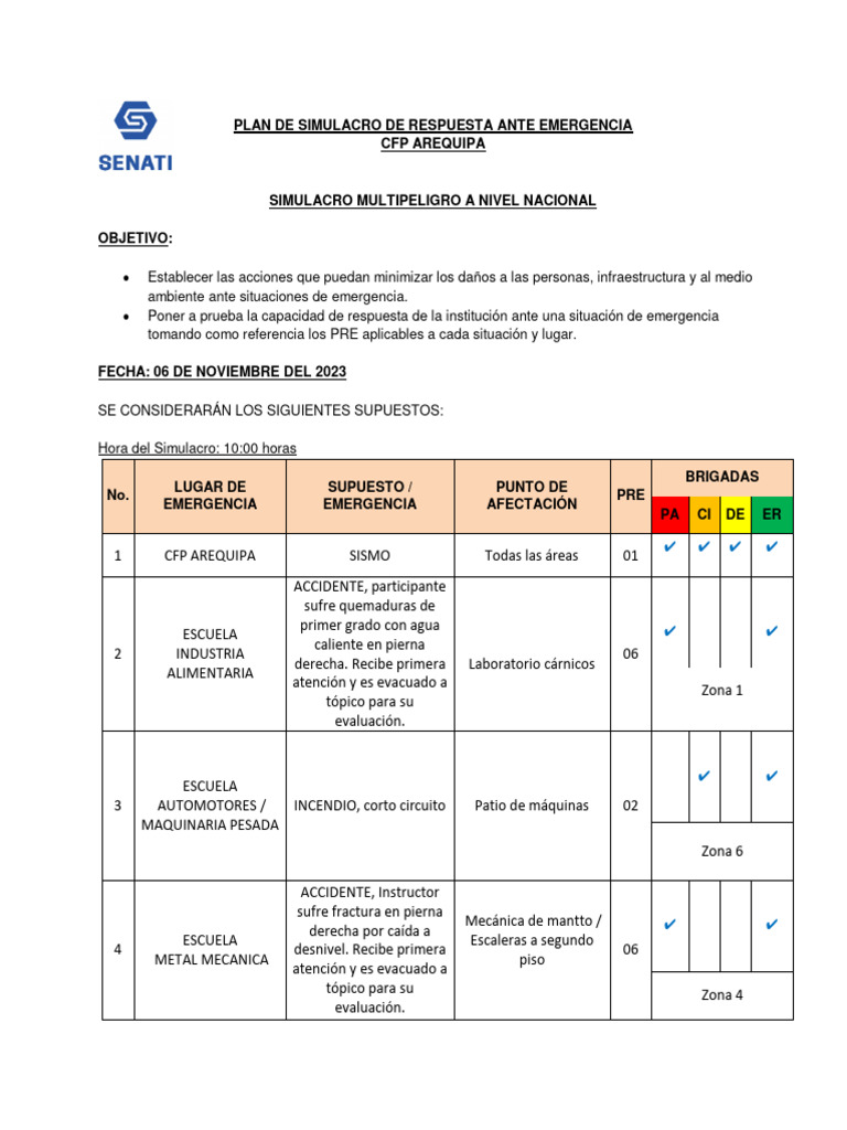 PLAN DE SIMULACRO DE SISMO 06 de Noviembre 2023 CFP Arequipa | PDF