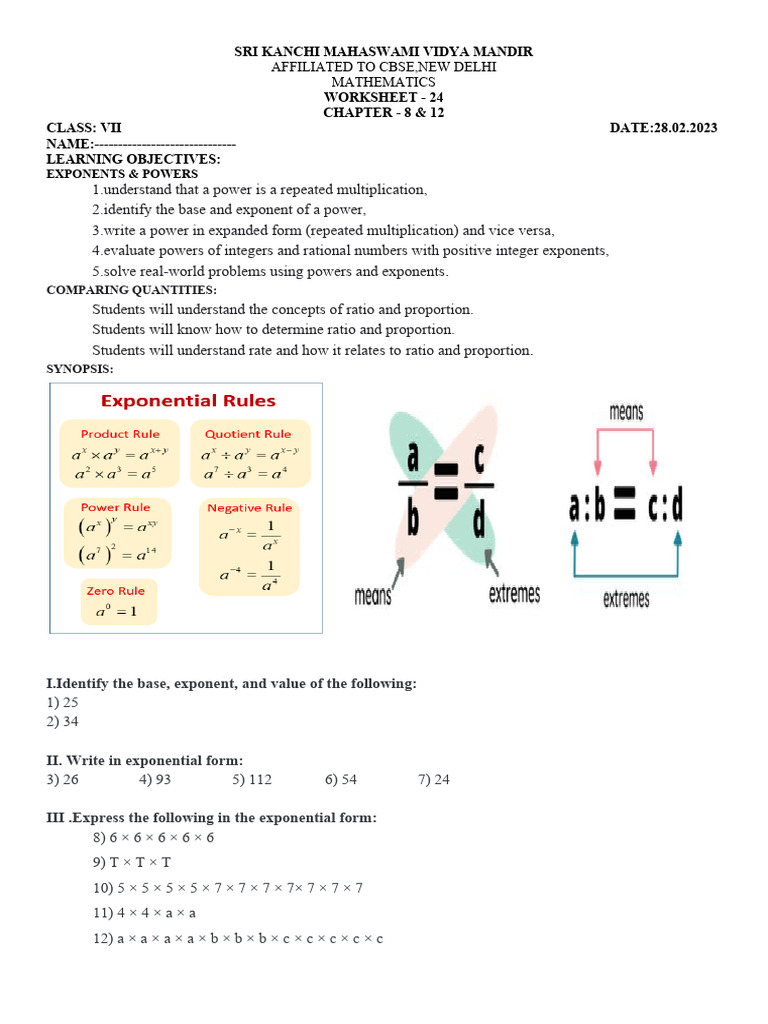 Maths Class 7 Worksheet (27.02.23) - Updated | PDF | Exponentiation ...