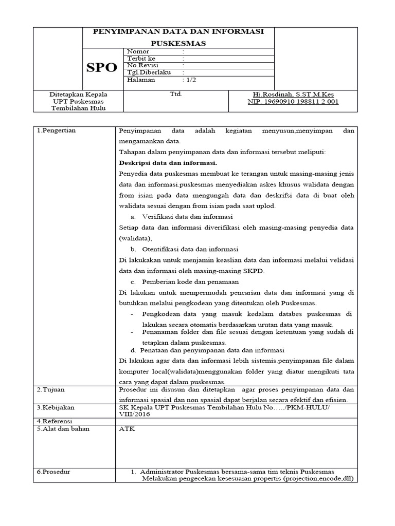 Idoc - Pub Sop Penyimpanan Data Dan Informasi Puskesmas | PDF