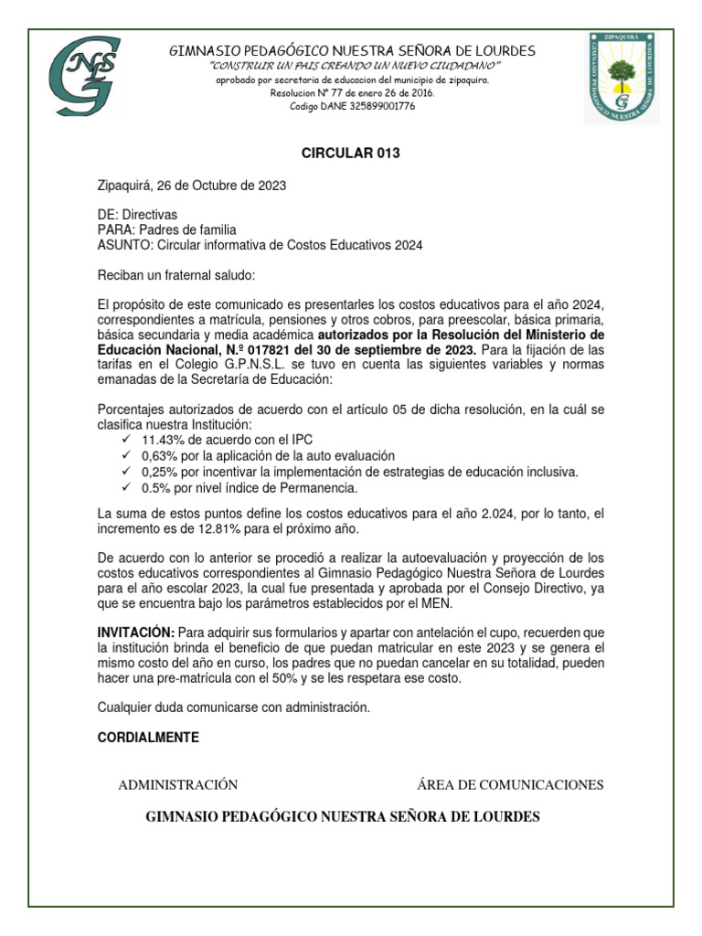Circular 013 Costos GPNSL | PDF