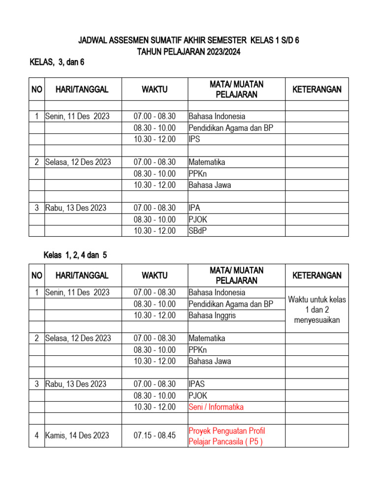 Jadwal Assesmen Sumatif Akhir Semester Th. 2023-2024 | PDF