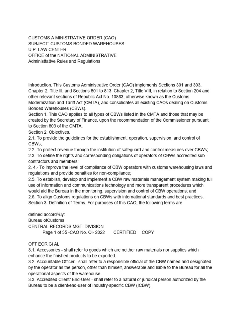 Customs A Ministrative Order (Cao) CBW | PDF | Warehouse | Customs