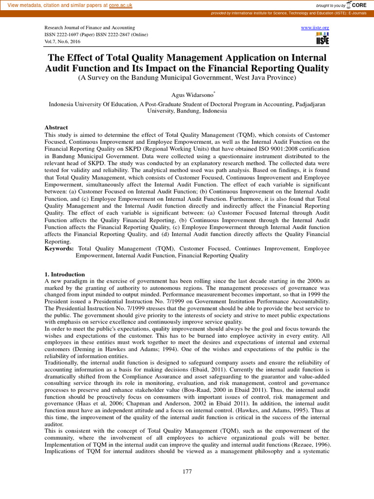 The Effect of Total Quality Management Application On Internal Audit Function and Its Impact On ...