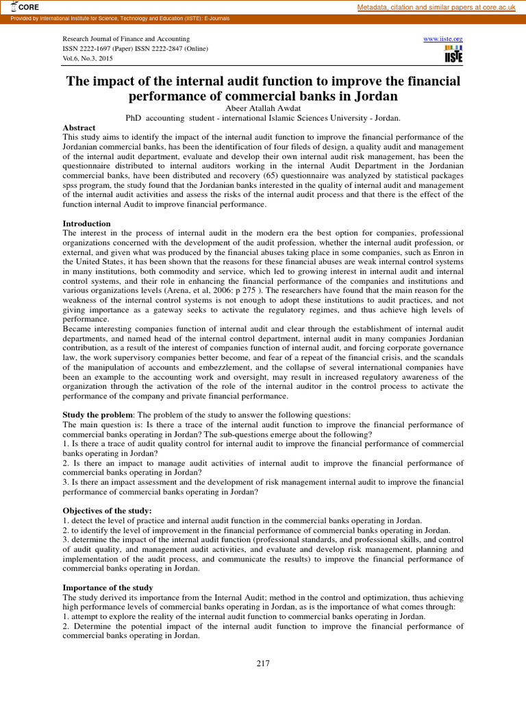 The Impact of The Internal Audit Function To Improve The Financial Performance of Commercial ...