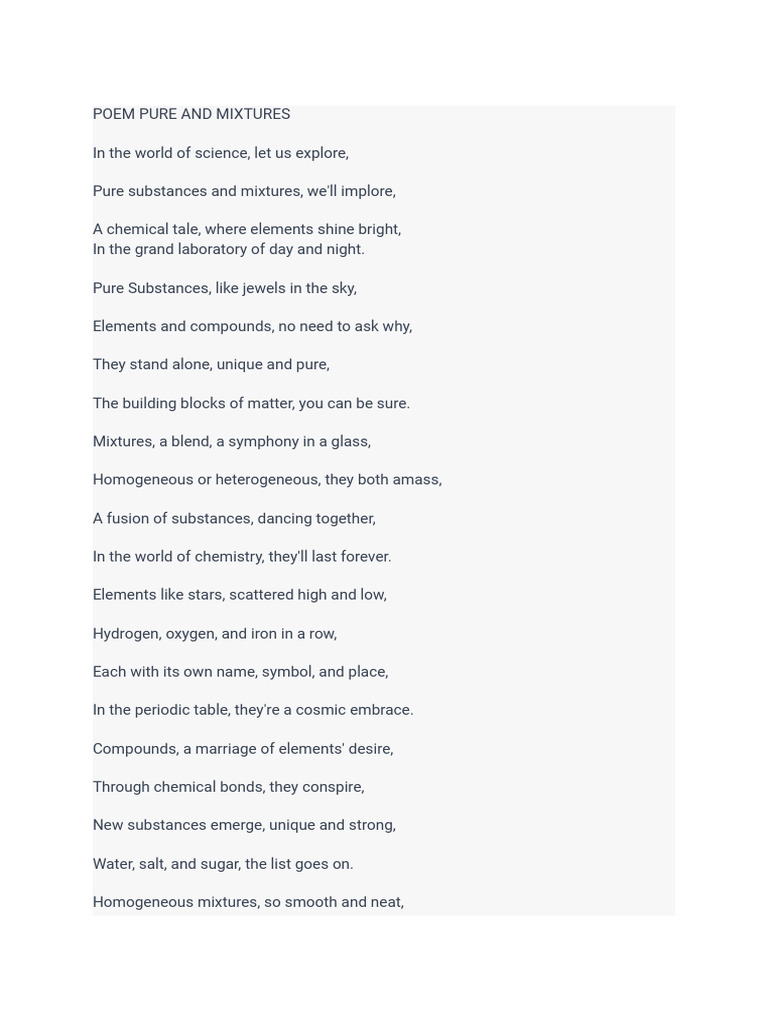 Poem About Mixtures and Pure Substances | PDF | Mixture | Chemical ...