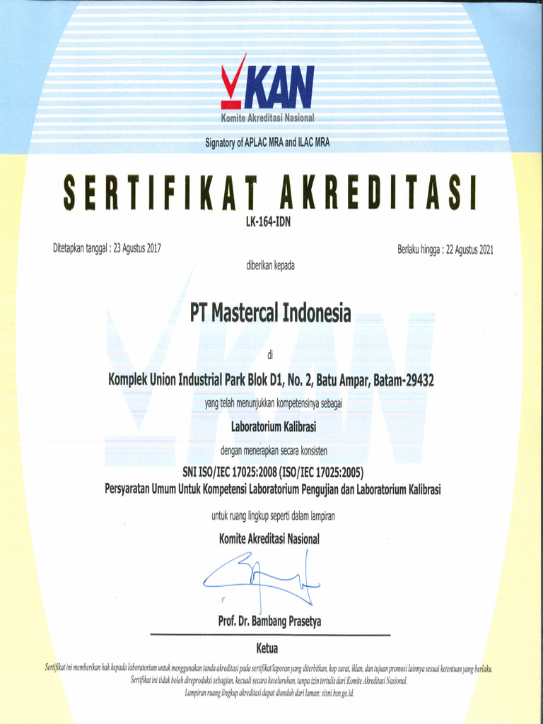 PT. Mastercal Indonesia 2017 KAN Certificate | PDF