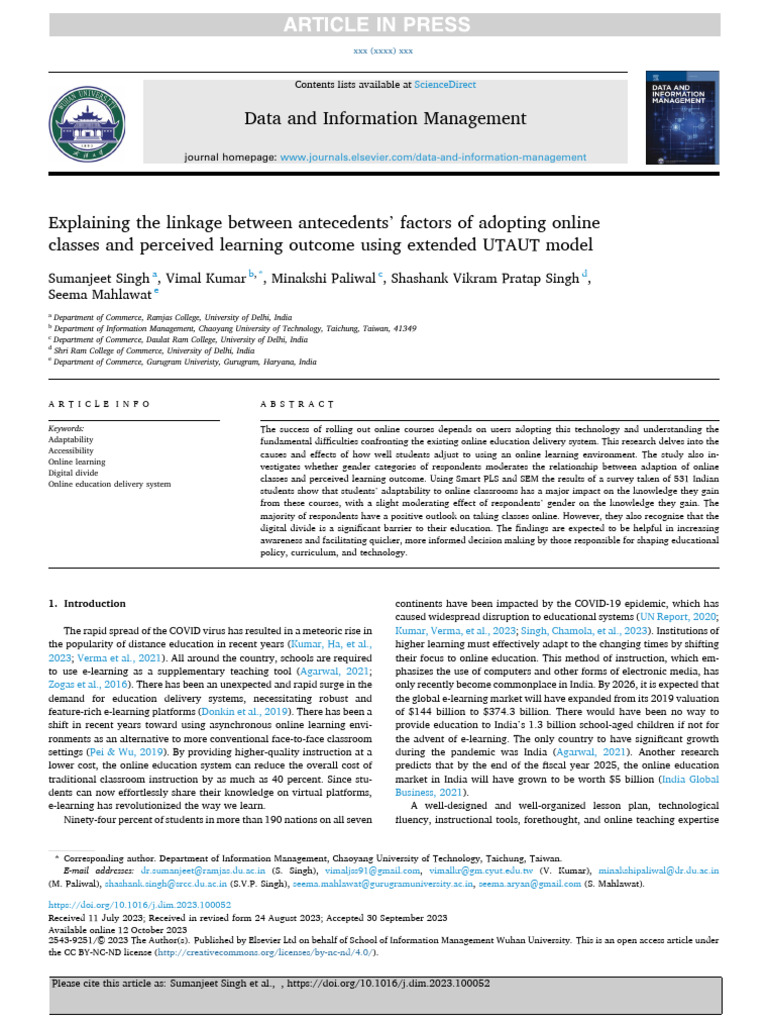 Explaining The Linkage Between Antecedents' Factors of Adopting Online Classes and Perceived ...