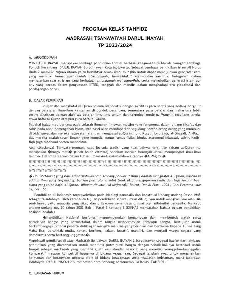 PROGRAM KELAS TAHFIDZ Mts Darul Inayah | PDF