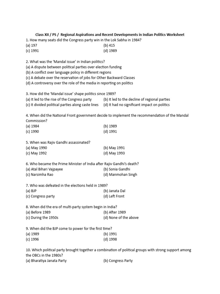 CH 7 and 8 Worksheet | PDF | Indian National Congress | Politics Of India