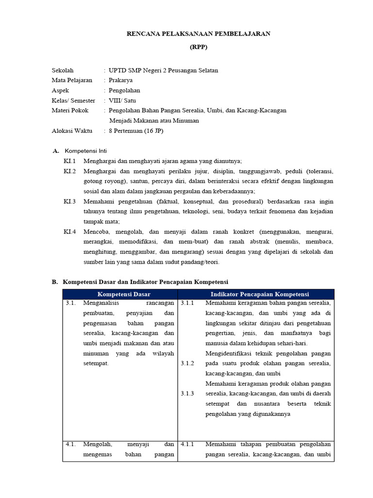 RPP Prakarya Kelas VIII Pengolahan Semester Ganjil | PDF