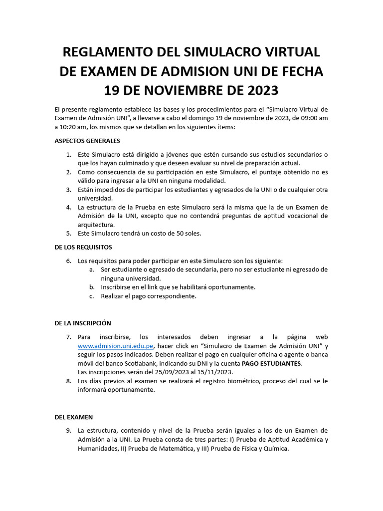 Reglamento Del Simulacro Virtual de Examen de Admision Uni | PDF ... Reglamento Del Simulacro Virtual de Examen de Admision Uni | PDF ...