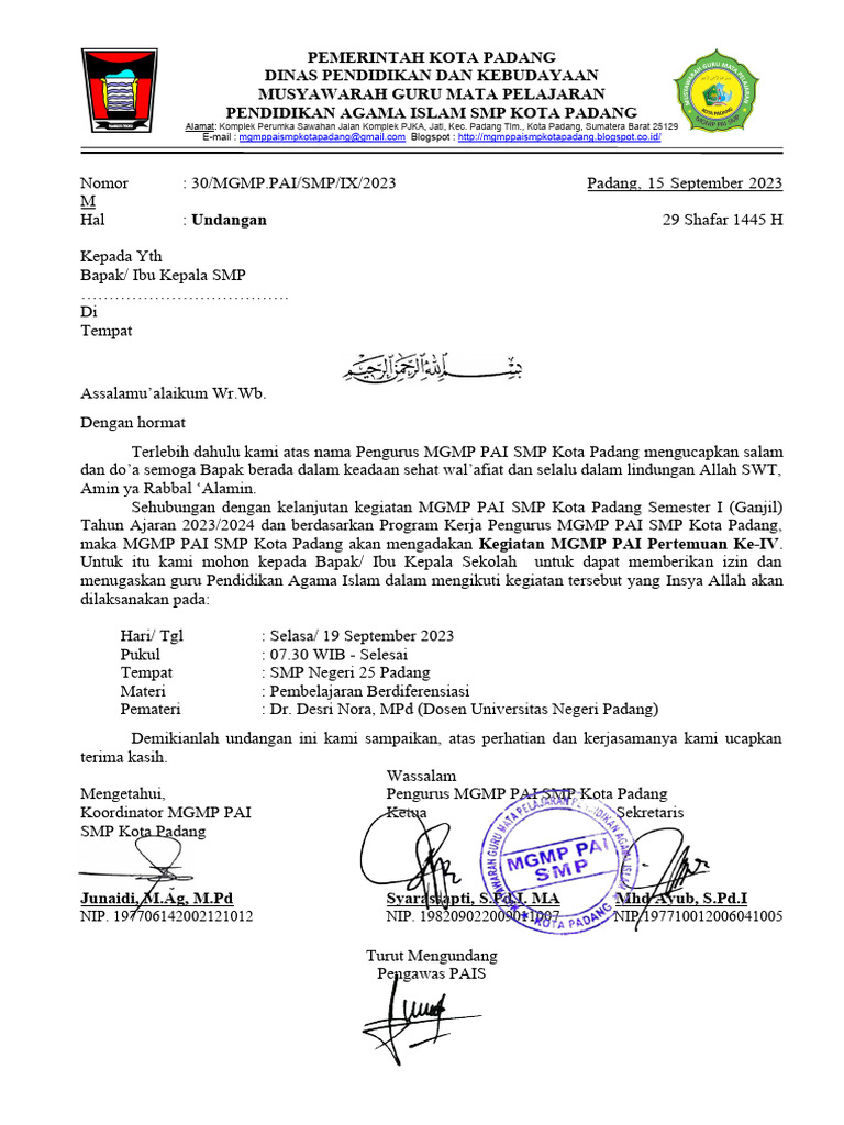 Undangan MGMP PAI SMP Kota Padang | PDF