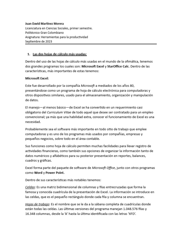 Trabajo Hoja de Cálculo | PDF | Microsoft Excel | Hoja de cálculo