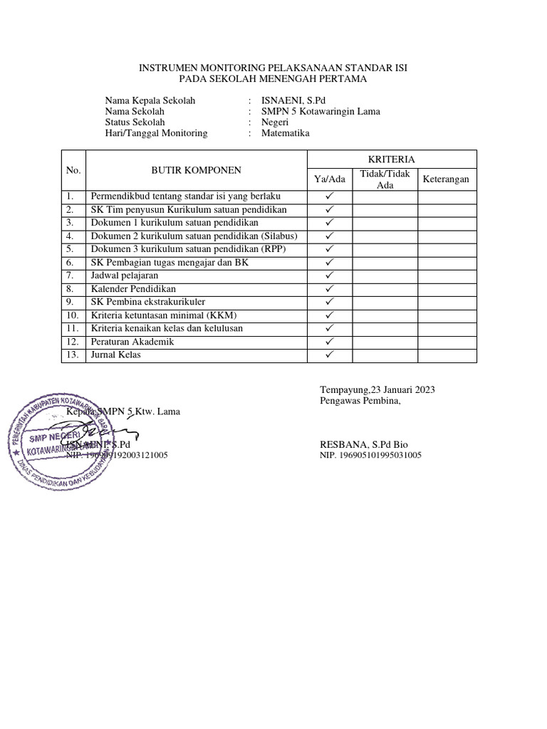 Surat Keterangan Dan Instrumen Standar Isi Dan Ptk Pdf