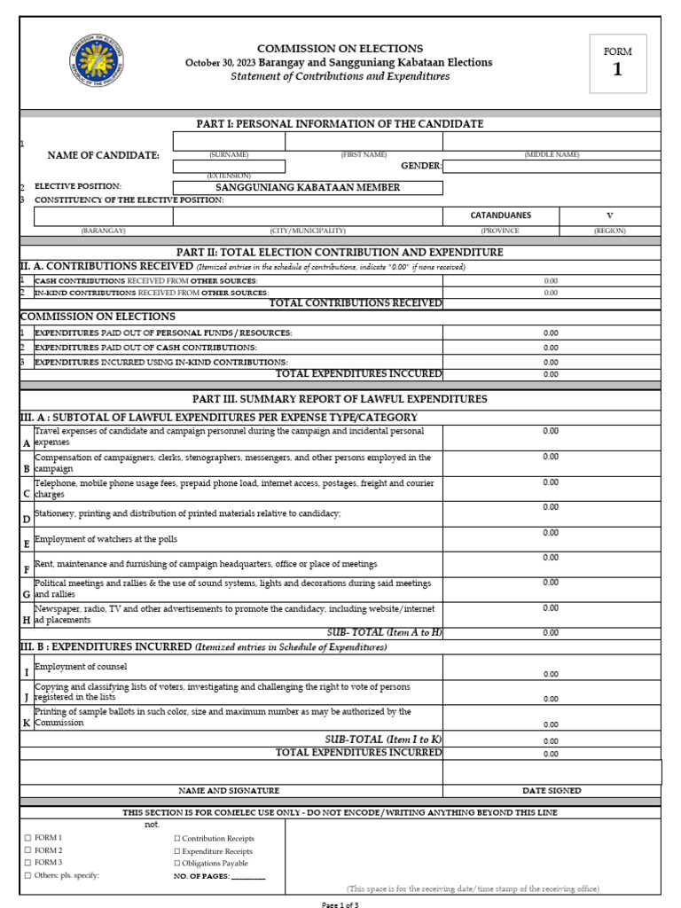 SK Election Contributions and Expenditures Form | PDF | Expense | Signature
