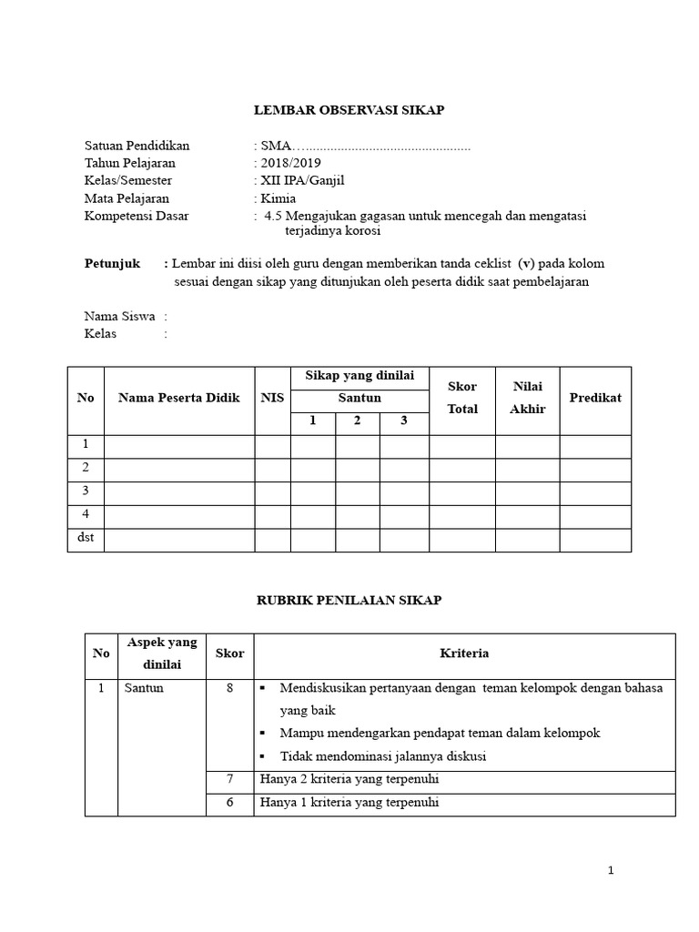 Lembar Observasi Sikap | PDF