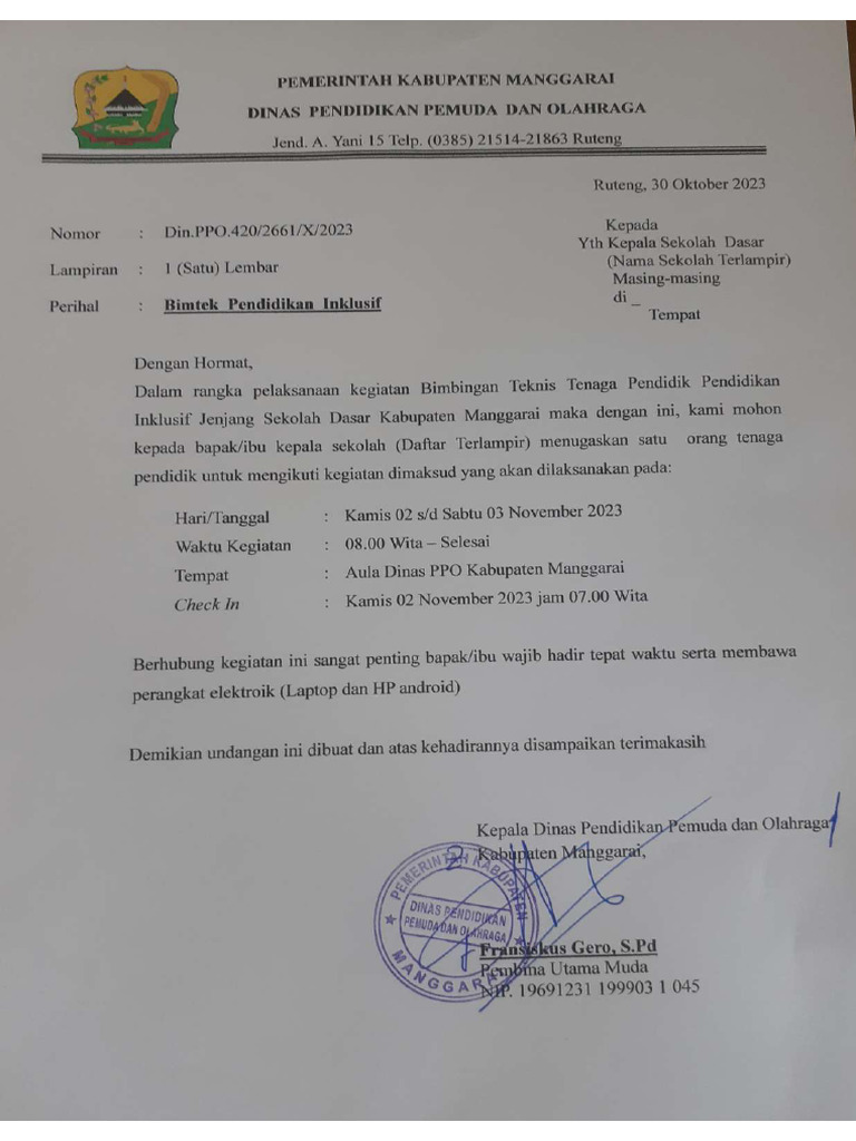Surat Undangan Bimtek Inklusif | PDF Surat Undangan Bimtek Inklusif | PDF