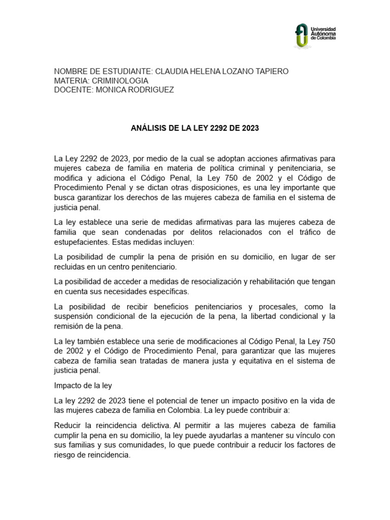 Análisis de La Ley 2292 de 2023 | PDF | Castigos | Derecho penal
