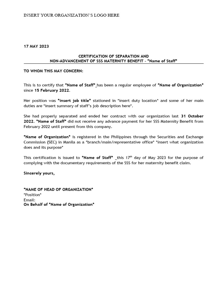 SSS Certification of Non-Advancement For Maternity Benefit | PDF
