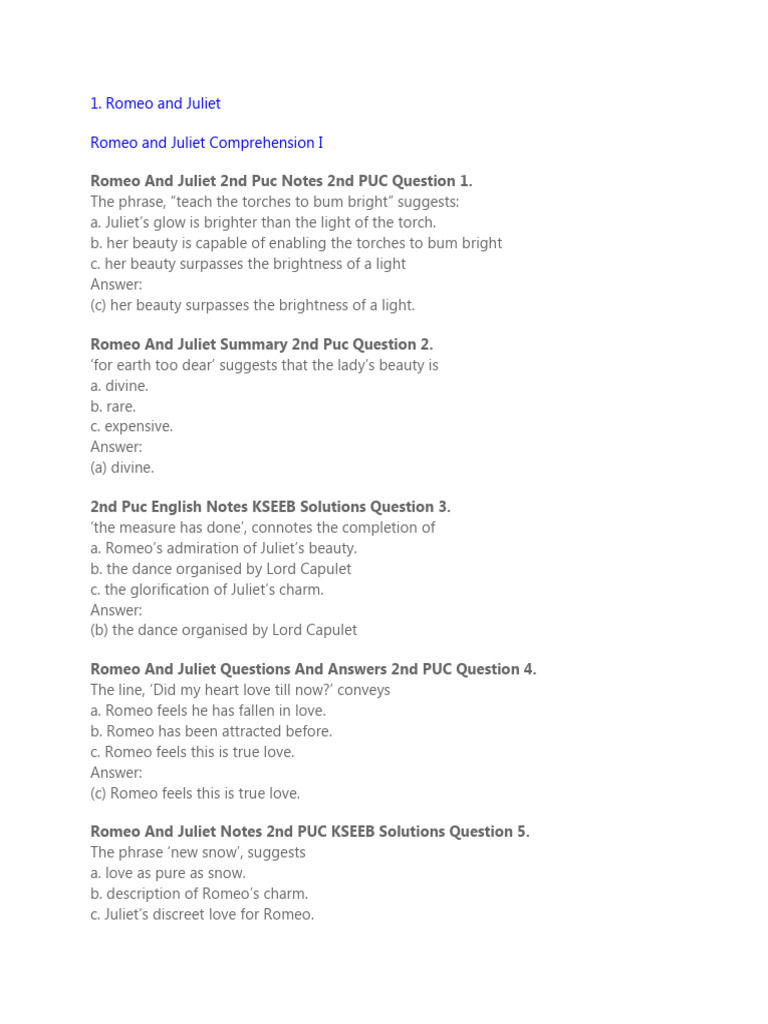 2nd Puc English Notes | PDF | Romeo And Juliet | Biodiversity