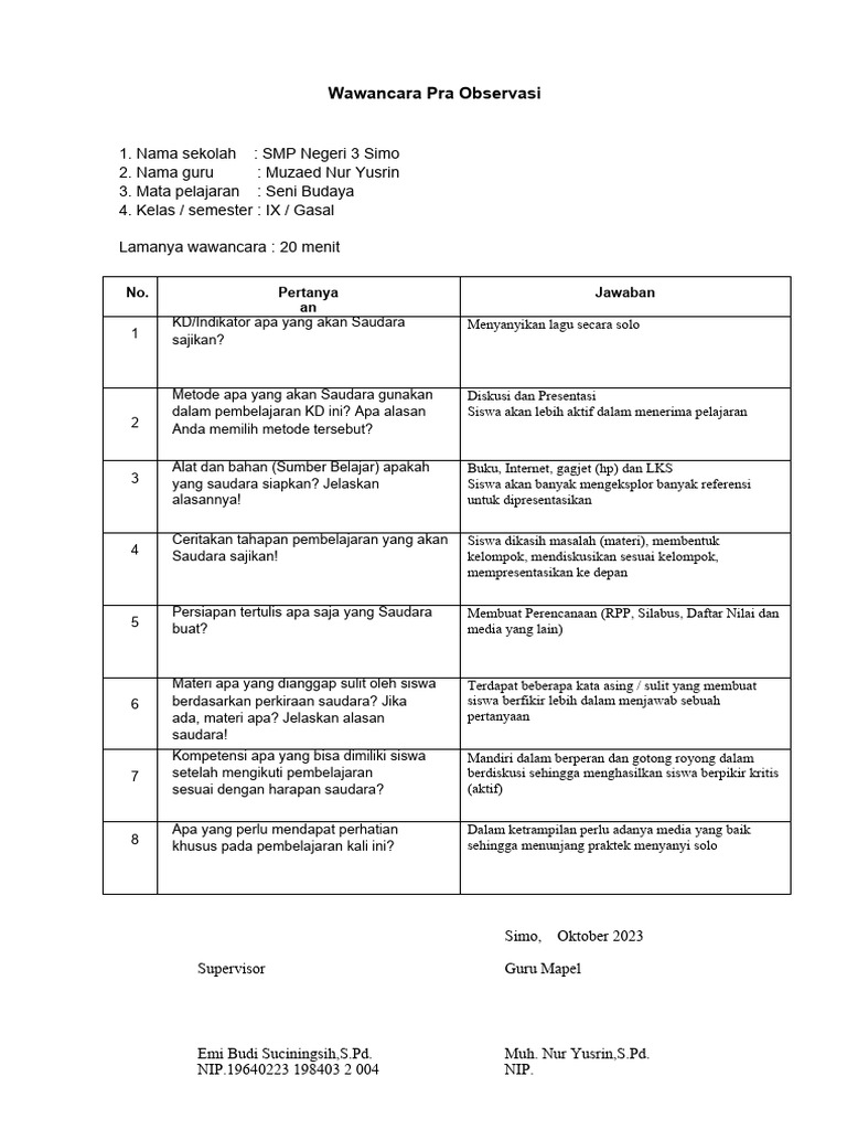 Wawancara Pra Dan Pasca Observasi | PDF