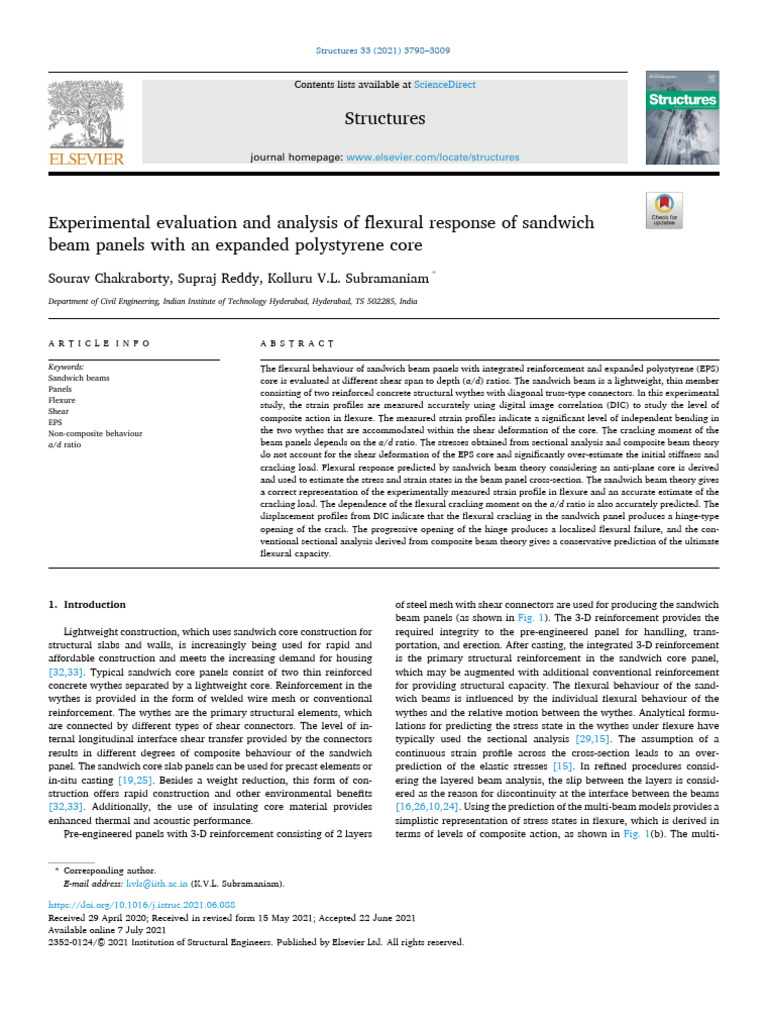 Experimental Evaluation and Analysis of Flexural Response of Sandwich Beam Panels With An ...
