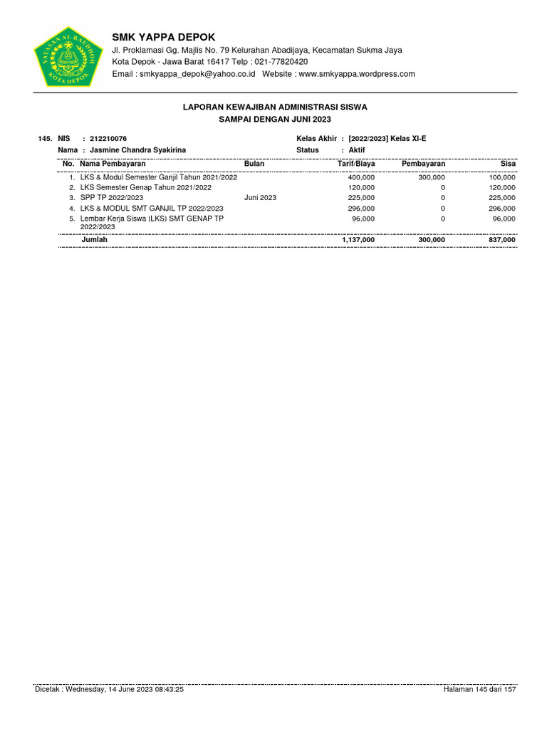 Laporan Pembayaran Jasmine Chandra | PDF