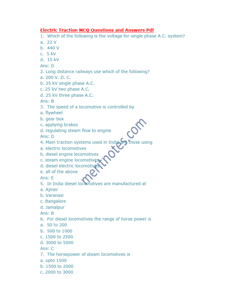 Electric Traction MCQ Questions Answers | PDF