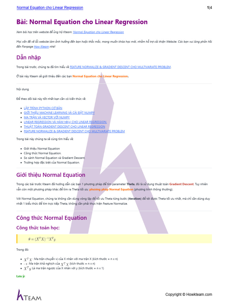 HOWKTEAM - VN - Normal Equation Cho Linear Regression | PDF
