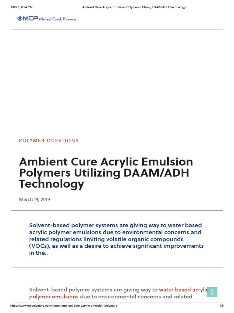 Ambient Cure Acrylic Emulsion Polymers Utilizing DAAM - ADH Technology ...