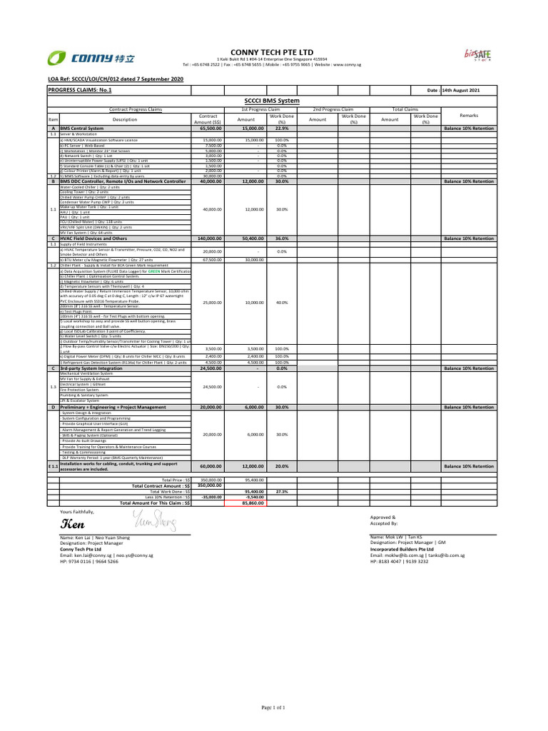 Conny Tech Pte LTD: Progress Claims: No.1 LOA Ref: SCCCI/LOI/CH/012 ...