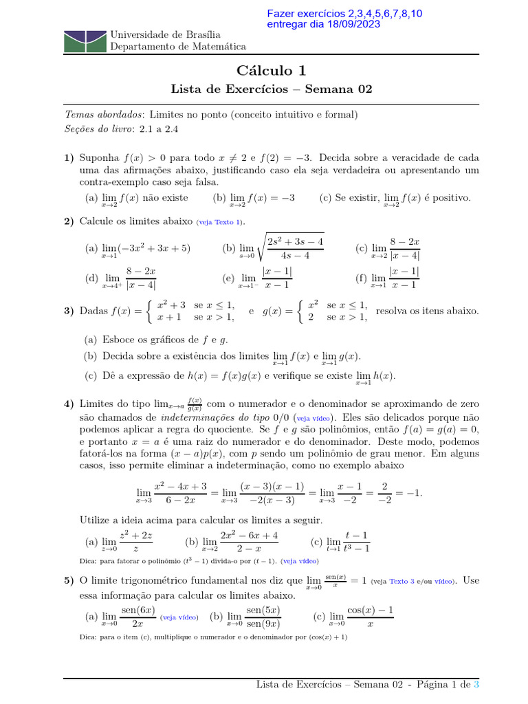 Lista 3 - Limites No Ponto | PDF | Limite (Matemática) | Velocidade