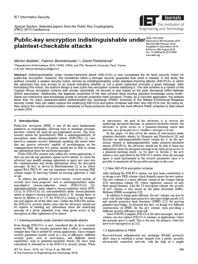 Public Key Encryption Indistinguishable Under Plaintext-Checkable Attacks | PDF | Cryptography ...
