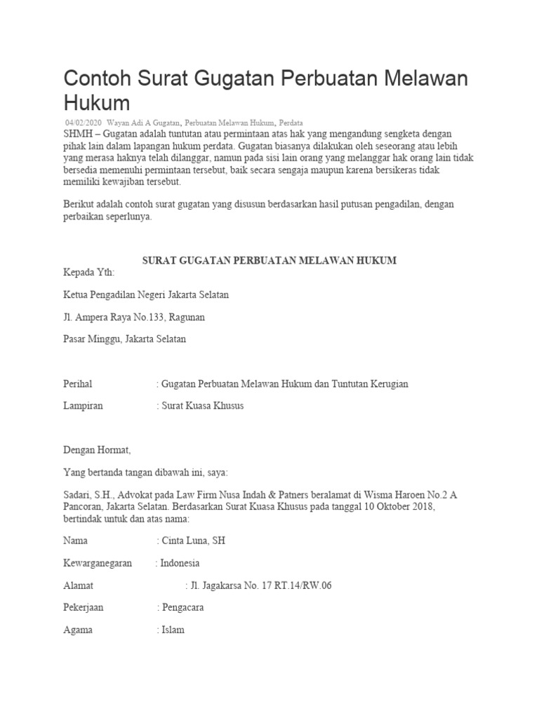 Contoh Surat Gugatan Hukum Perdata | PDF