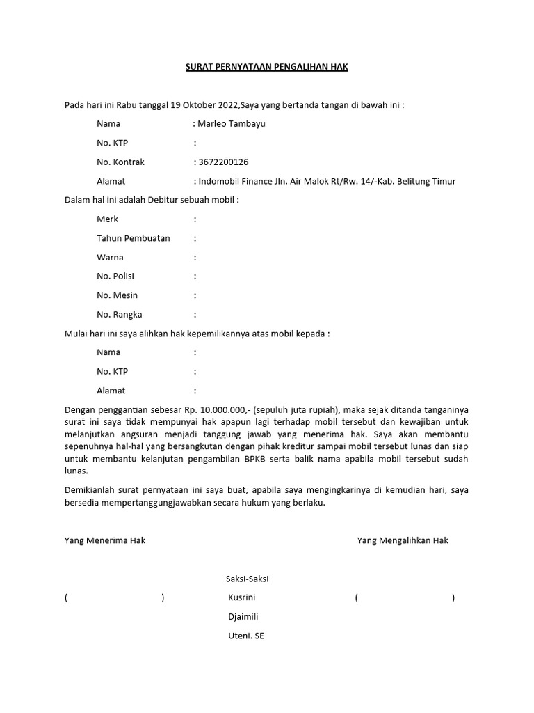 Surat Pernyataan Pengalihan Hak Mobil | PDF | Hukum