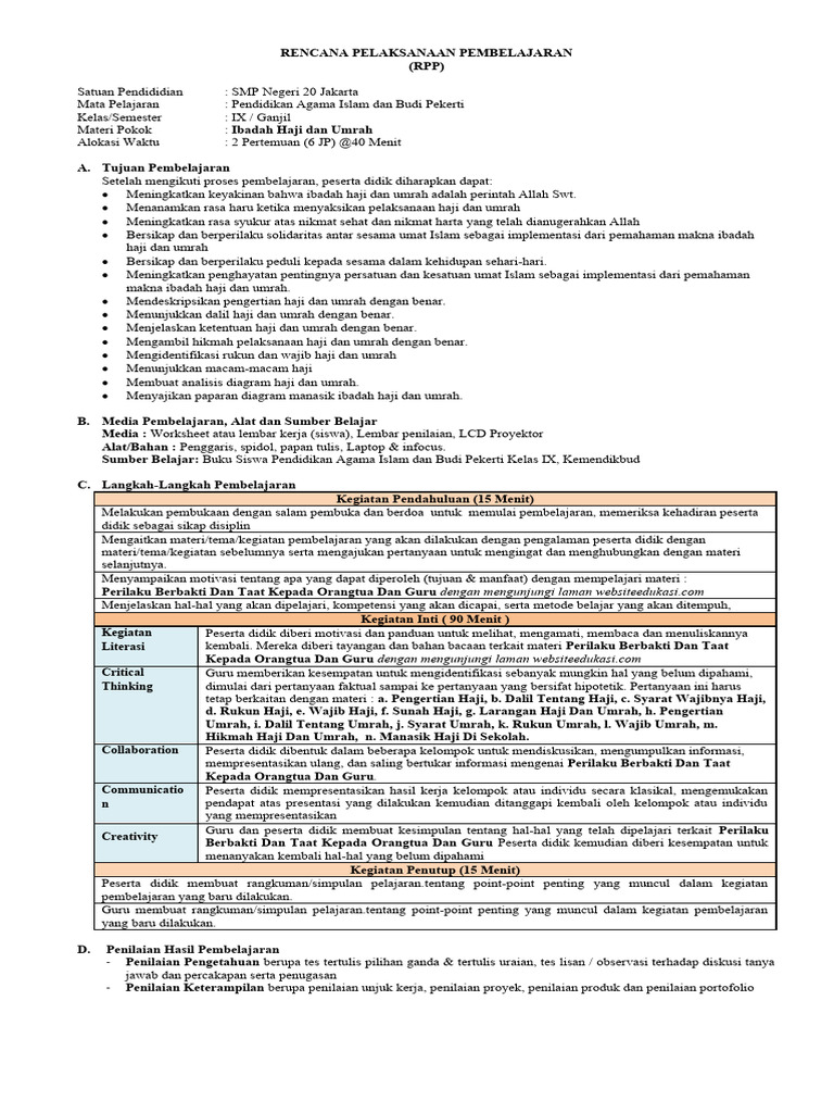 RPP 1 Lembar PAI Kelas 9 k13 (Haji Dan Umrah | PDF