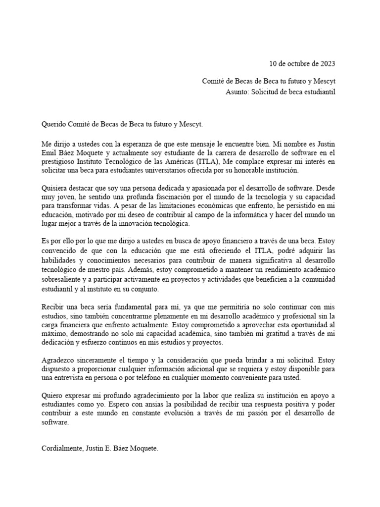 Carta de Solicitud Beca - Justin Baez | PDF