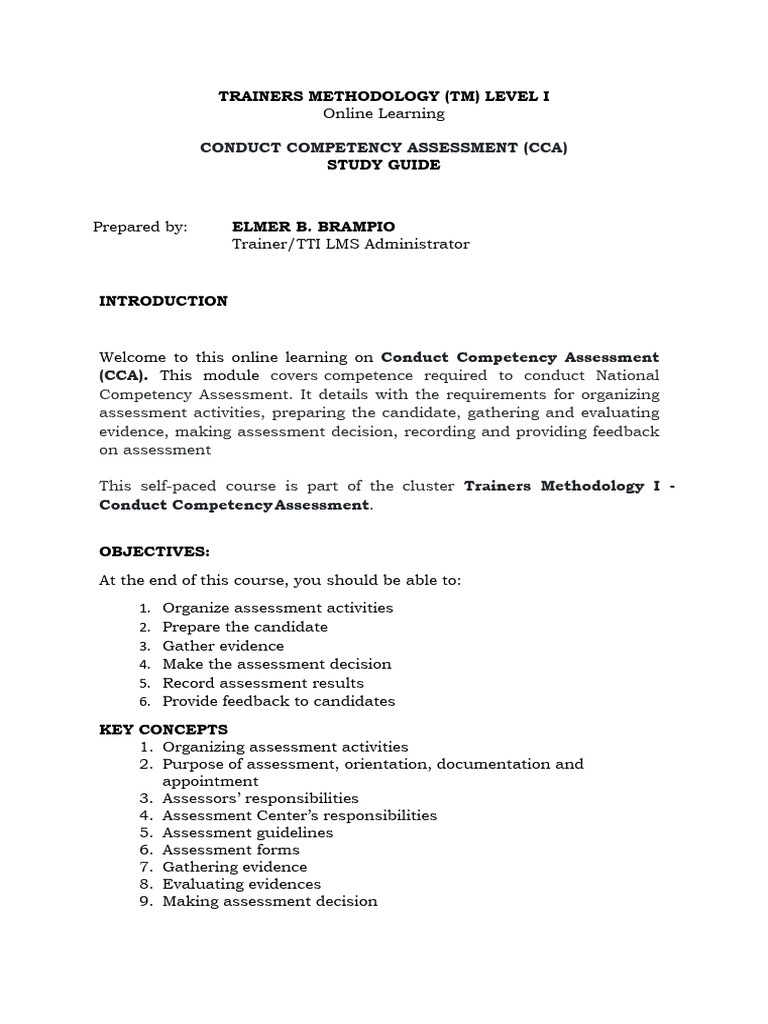 STUDY GUIDE - TOP (Conduct Competency Assessment) | PDF | Educational ...