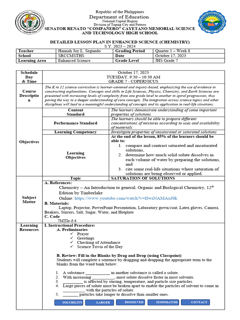 Saturated and Unsaturated Solutions Lesson Plan For Class Observation ...