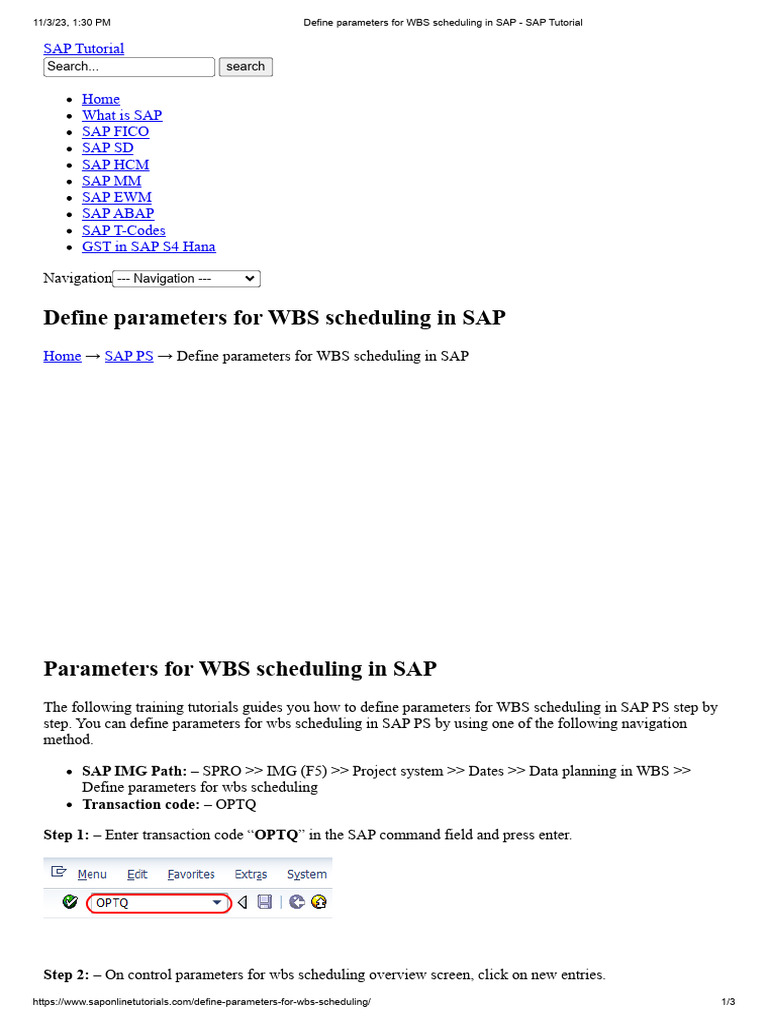 Define Parameters For Wbs Scheduling In Sap Sap Tutorial Pdf Parameter Computer