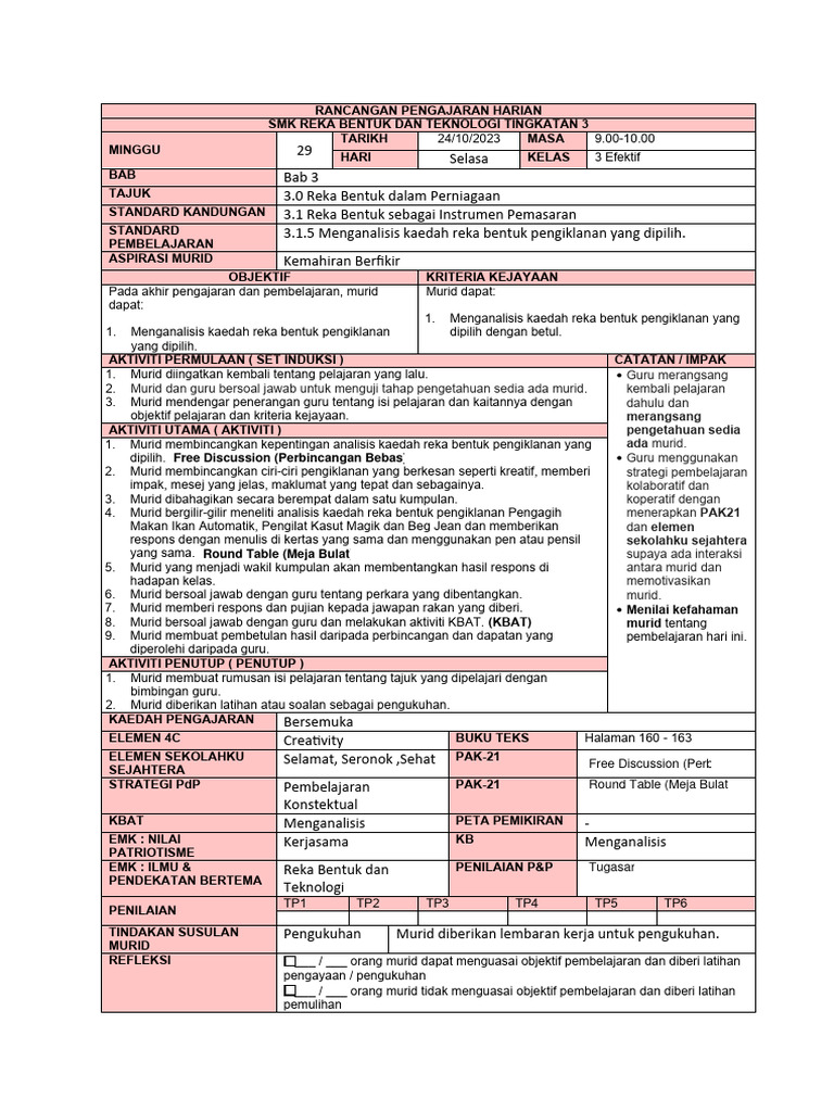 RPH Minggu 29 SMK RBT Tingkatan 3e 2023-2024 | PDF