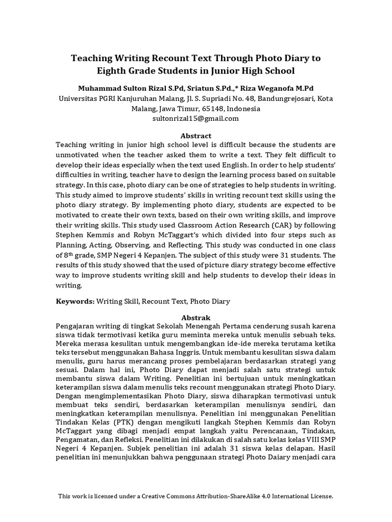 Teaching Writing Recount Text Trough Photo Diary To Eight Grade in Junior High School | PDF ...