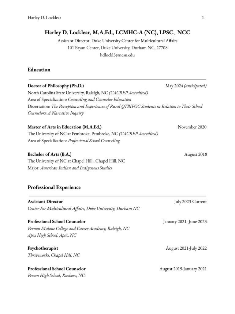 Harley Locklear Curriculum Vitae-2 | PDF | School Counselor
