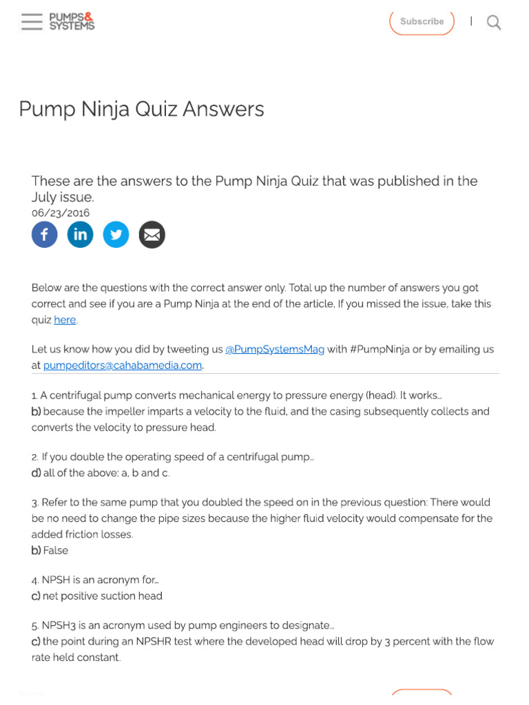 Pump Ninja Quiz Answers 1 - Pumps & Systems | PDF