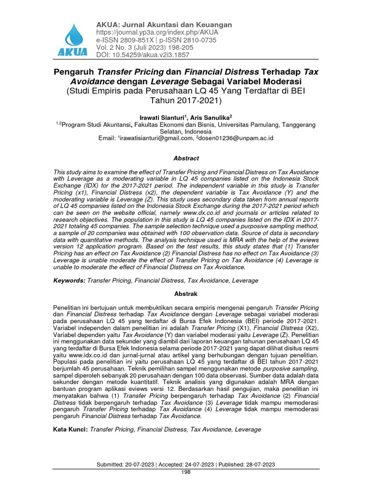 Pengaruh Transfer Pricing Dan Financial Distress Terhadap Tax | PDF | Business