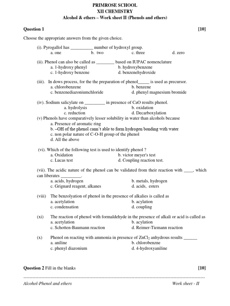 Alcohols, Phenols, and Ethers Worksheet | PDF | Ether | Chemical Reactions