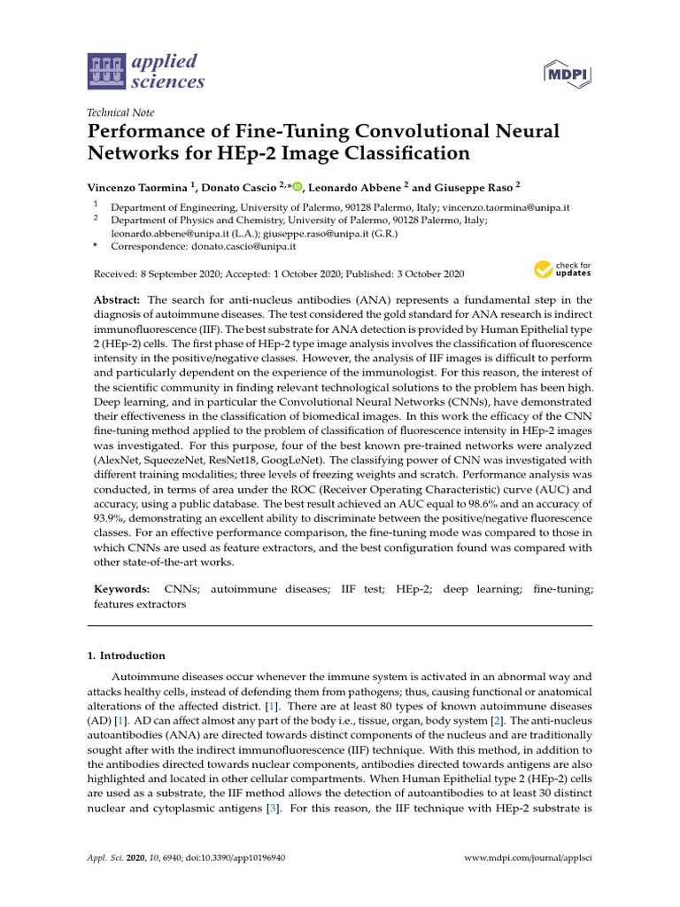 Technical Note Performance Of Fine Tuning Convolutional Neural Networks For Hep 2 Image 