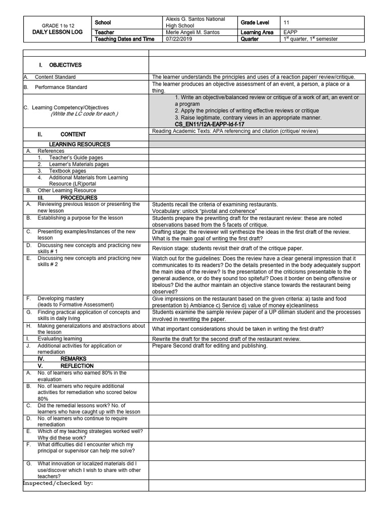 DLL 17. Eapp Restaurant Review Nov7 | PDF | Learning | Cognition