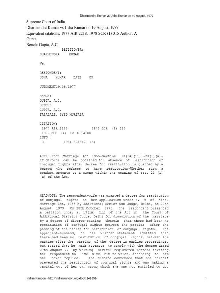 Dharmendra Kumar Vs Usha Kumar 1977 | PDF | Divorce | Marriage