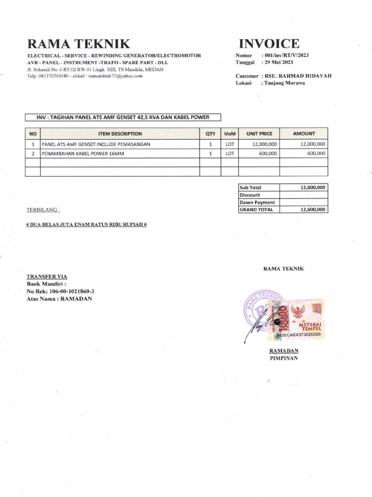 Inv 01 Tagihan Panel Ats Amf Genset 42,5 Kva Dan Penambahan Kabel | PDF